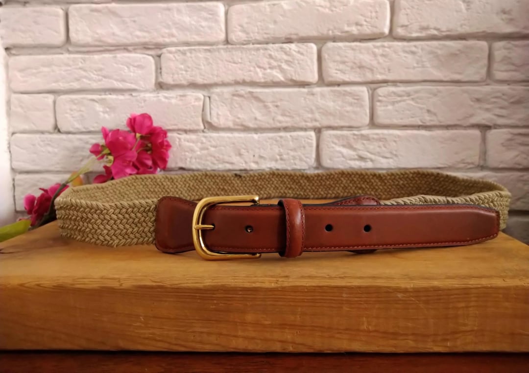 Vintage Man's Leather & Plaited Fabric Belt, Brown and Beige, Fits 37 ...