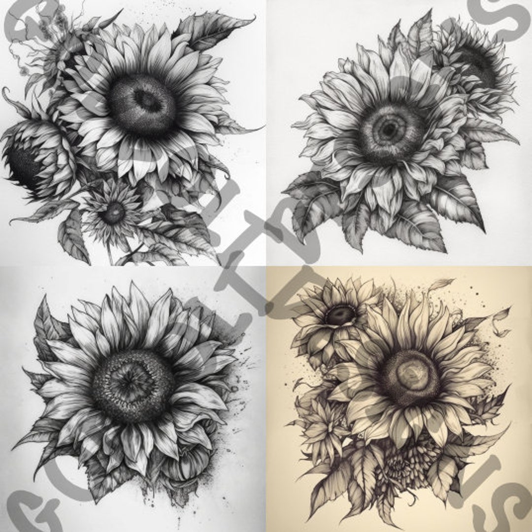 Sunflower Tattoo Design Pack | 4 PSD and PNG Files | Radiant and ...