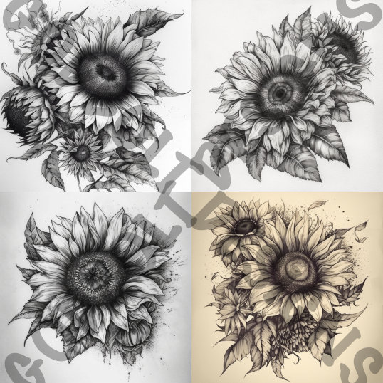Sunflower Tattoo Design Pack | 4 PSD and PNG Files | Radiant and ...