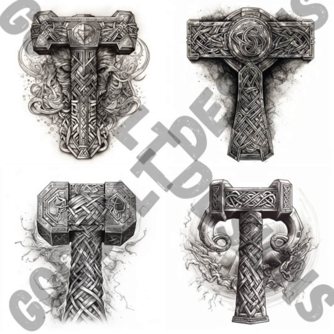 Thor's Hammer Tattoo Design Pack | 4 PSD and PNG Files | Perfect for ...