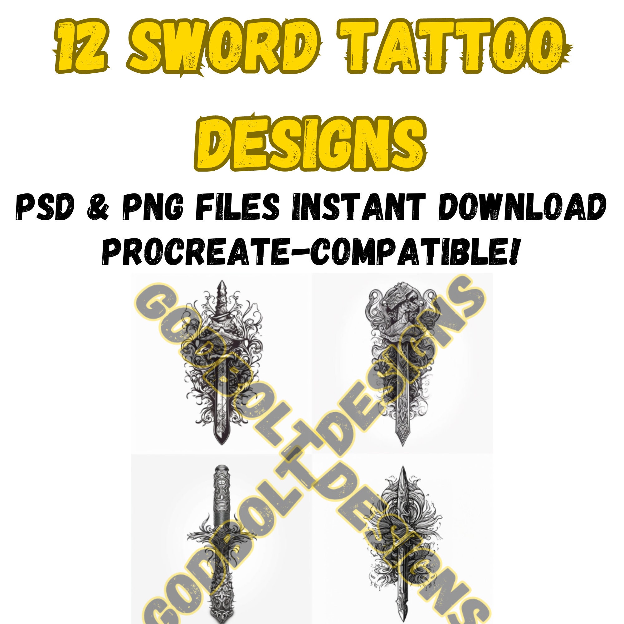 Sword Tattoo Design Pack | 12 PSD and PNG Files | Perfect for Artists ...