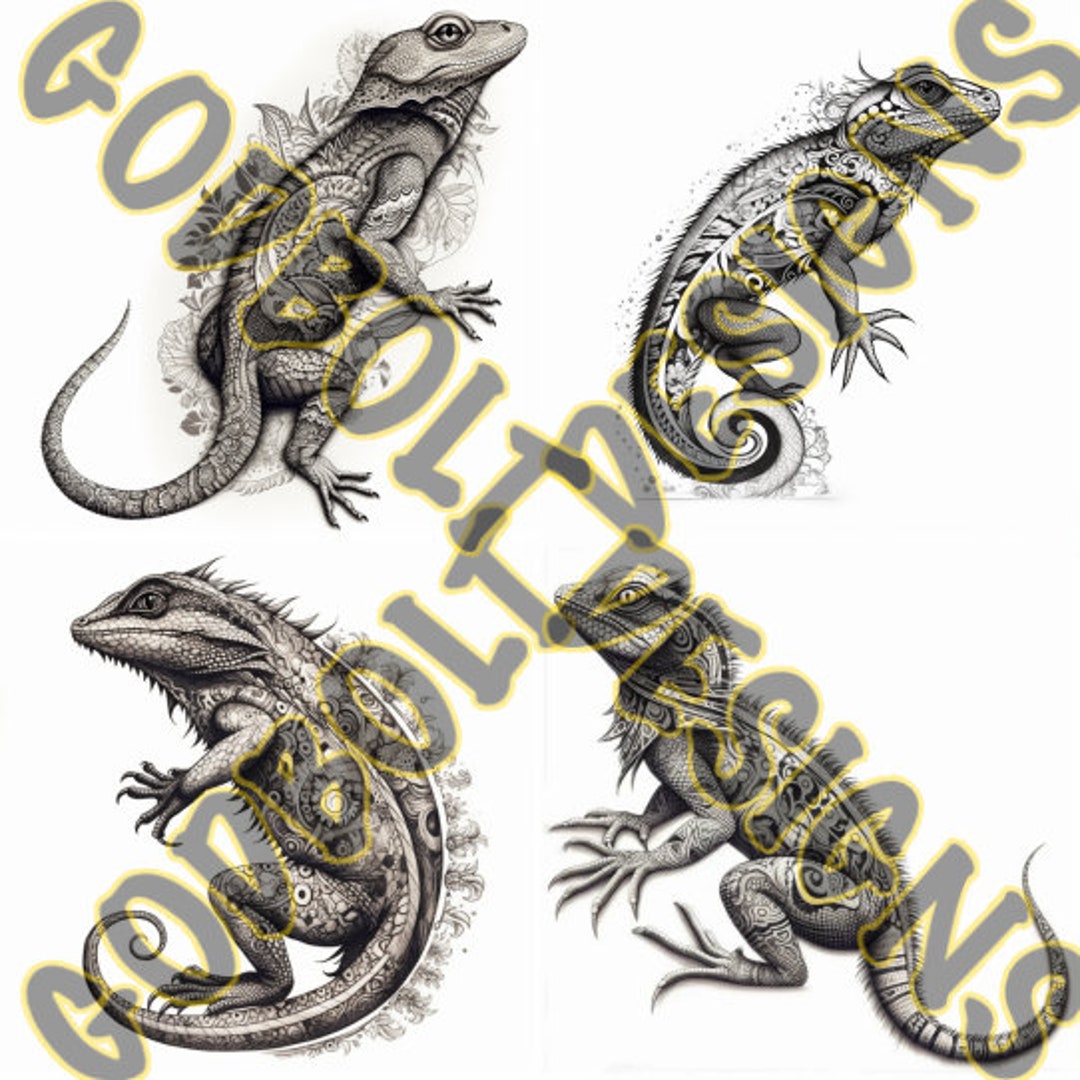 Lizard Tattoo Design Pack | 4 PSD and PNG Files | Perfect for Artists ...