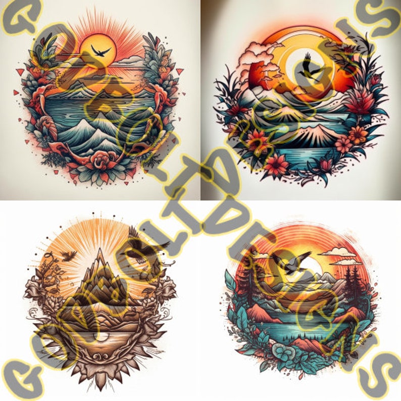 Sunrise Tattoo Design Pack | 4 PSD and PNG Files | Perfect for Artists ...