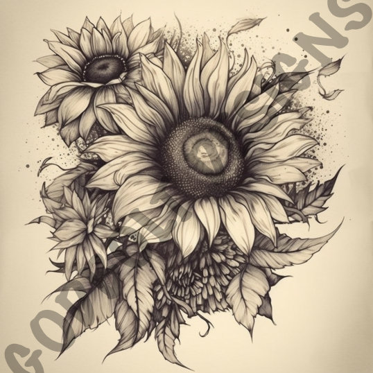 Sunflower Tattoo Design Pack | 4 PSD and PNG Files | Radiant and ...