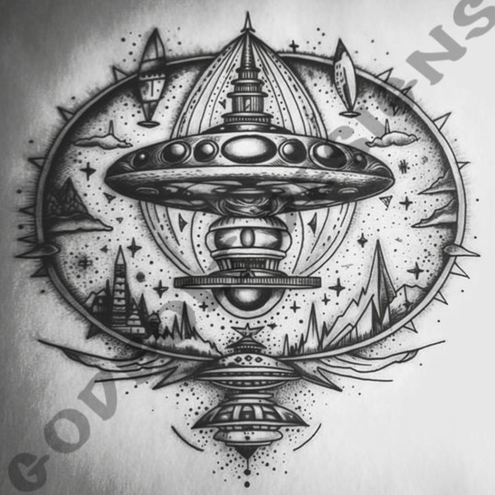 UFO Tattoo Design Pack | 4 PSD and PNG Files | Perfect for Artists and ...