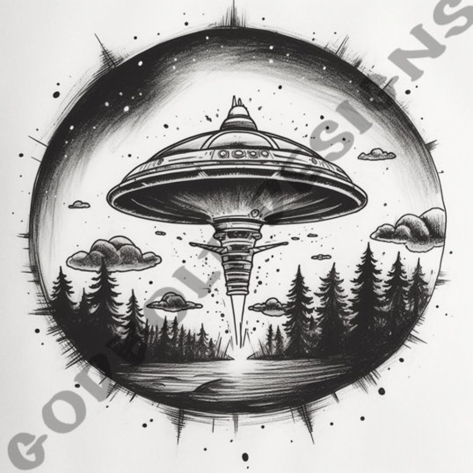 UFO Tattoo Design Pack | 4 PSD and PNG Files | Perfect for Artists and ...