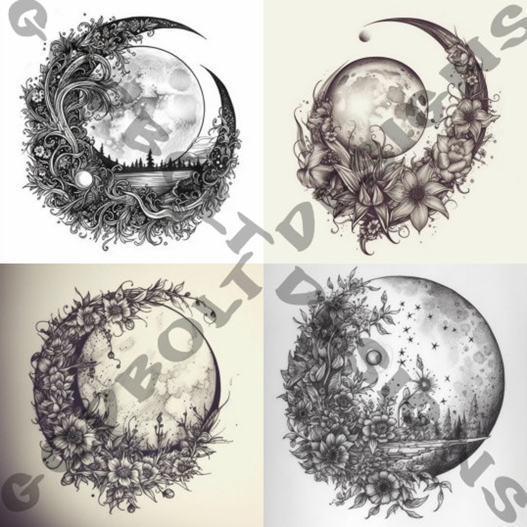 Moon Tattoo Design Pack | 4 PSD and PNG Files | Mystical and Enigmatic ...