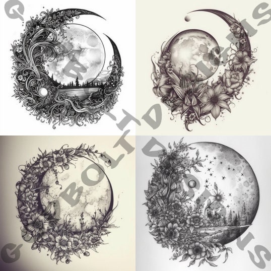 Moon Tattoo Design Pack | 4 PSD and PNG Files | Mystical and Enigmatic ...