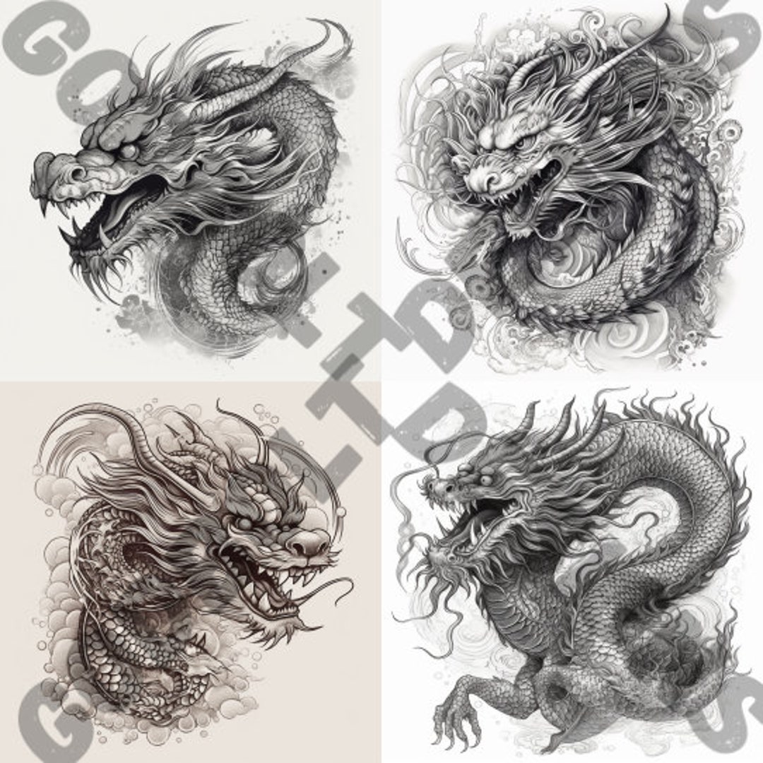 Chinese Dragon Tattoo Design Pack | 4 PSD and PNG Files | Perfect for ...