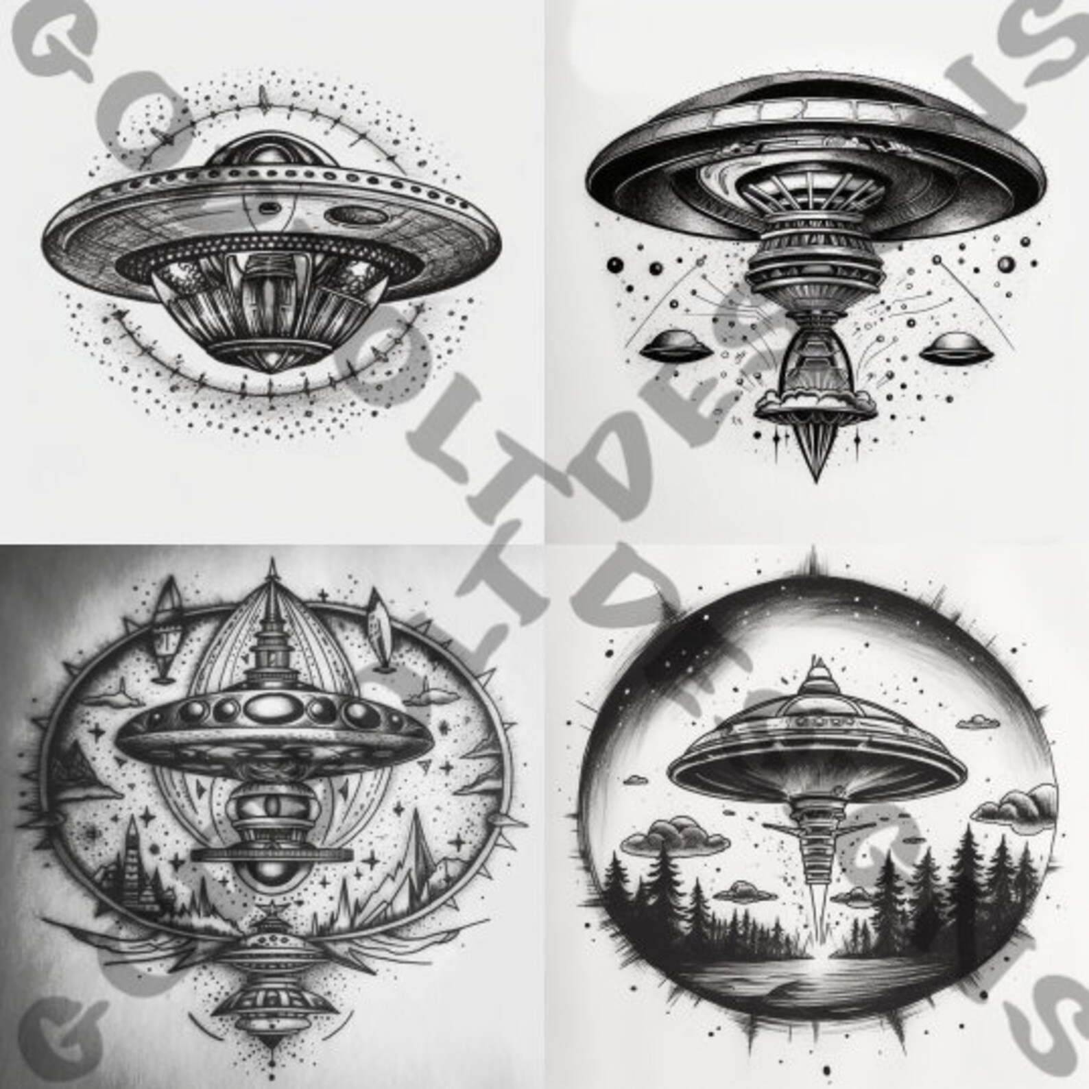 UFO Tattoo Design Pack | 4 PSD and PNG Files | Perfect for Artists and ...