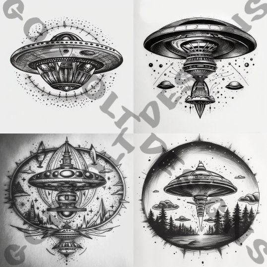 UFO Tattoo Design Pack | 4 PSD and PNG Files | Perfect for Artists and ...