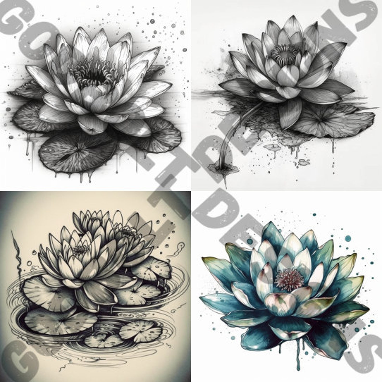 Water Lily Tattoo Design Pack | 4 PSD and PNG Files | Perfect for ...