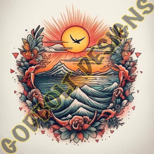 Sunrise Tattoo Design Pack | 4 PSD and PNG Files | Perfect for Artists ...