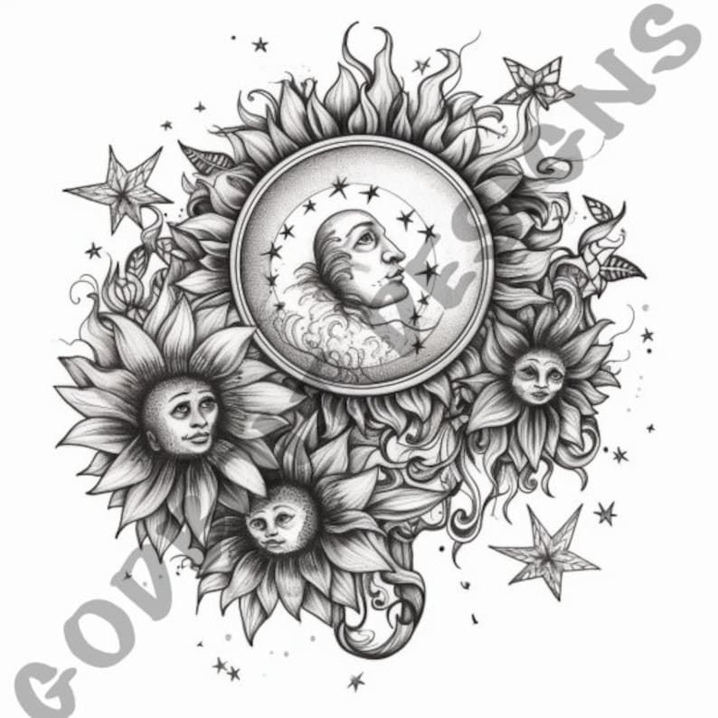 Sun Moon Stars Tattoo Design Pack | 4 PSD and PNG Files | Perfect for ...