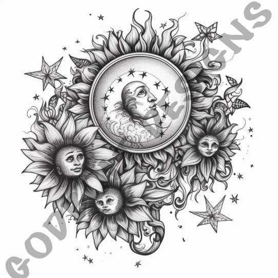 Sun Moon Stars Tattoo Design Pack 4 Psd And Png Files Perfect For Artists And Astronomy