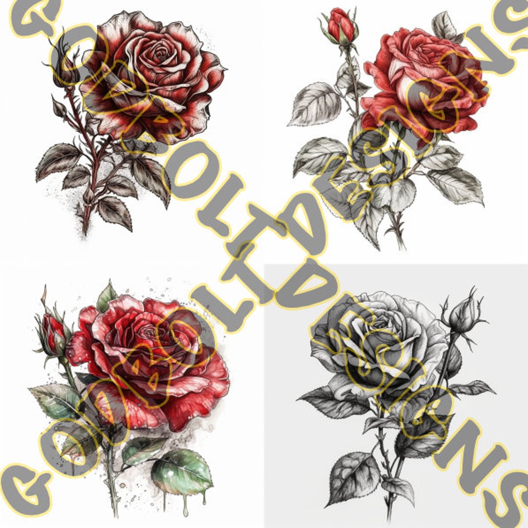 Rose With Stem Tattoo Design | 4 PSD and PNG Files | Perfect for ...