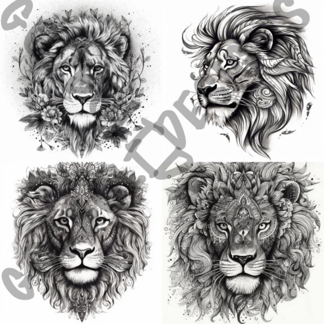Lion Tattoo Design Pack | 4 PSD and PNG Files | Majestic and Powerful ...