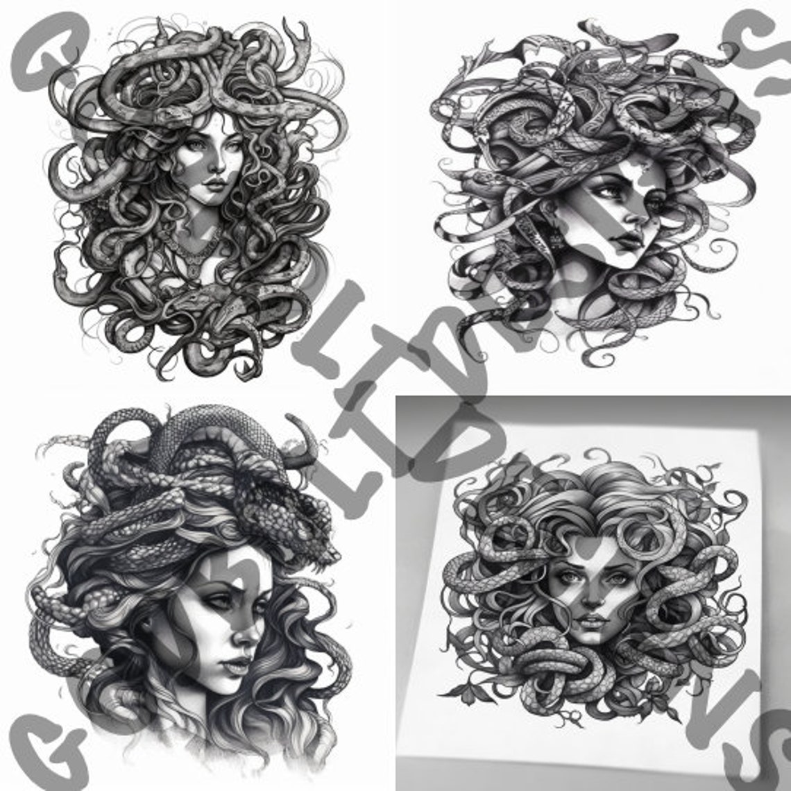 Mesmerizing Medusa Tattoo Design Pack | 4 PSD and PNG Files | Perfect ...