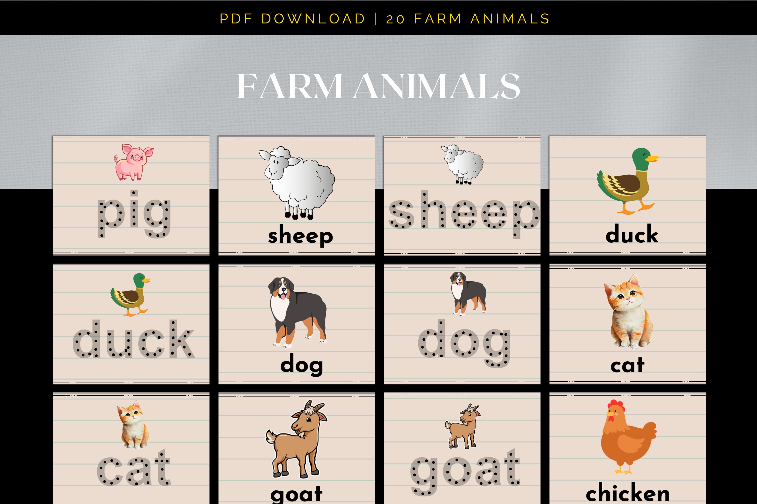 Pre-school Cards | 20 Farm Animal Flash Cards | Educational Material ...