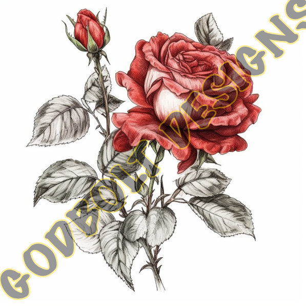 Rose With Stem Tattoo Design | 4 PSD and PNG Files | Perfect for ...