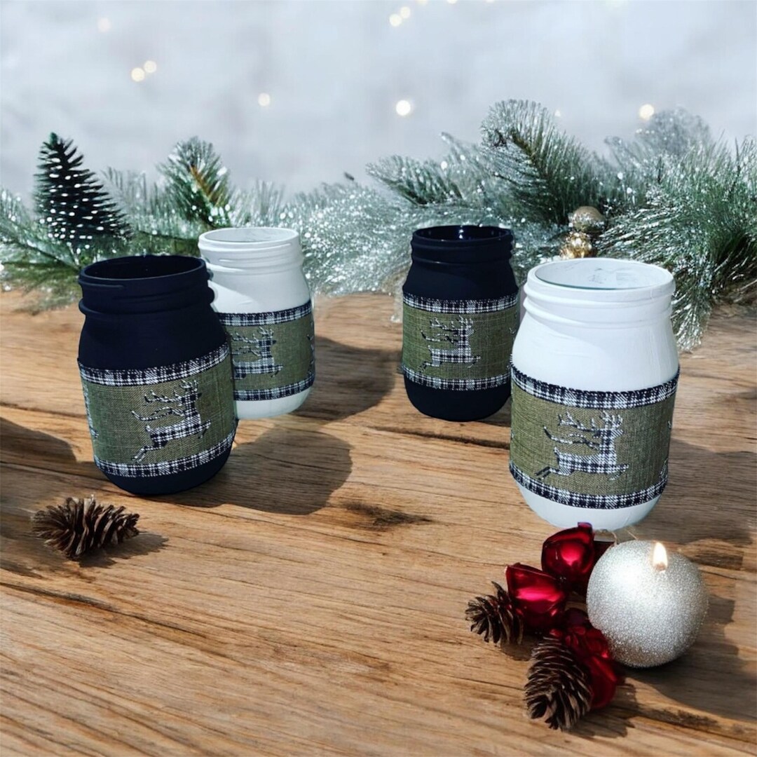 Buffalo Check Deer Mason Jar Decor Set of 4 - Etsy