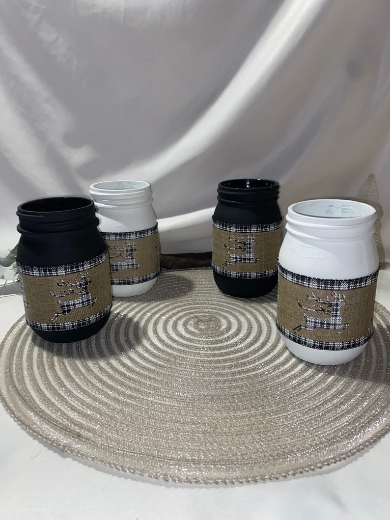Buffalo Check Deer Mason Jar Decor Set of 4 - Etsy