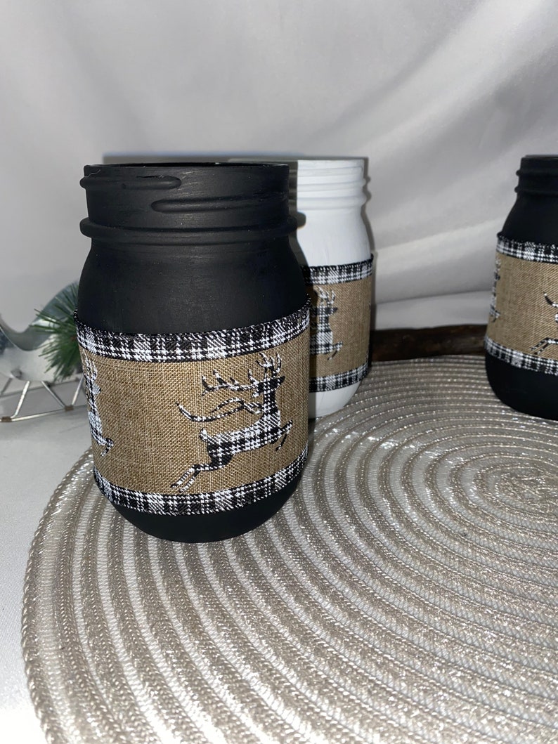 Buffalo Check Deer Mason Jar Decor Set of 4 - Etsy