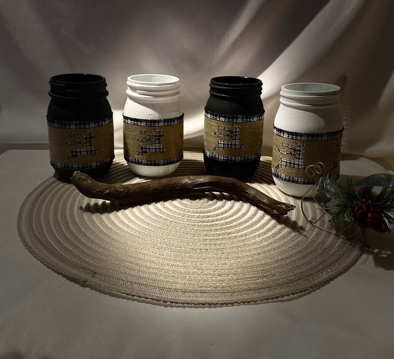 Buffalo Check Deer Mason Jar Decor Set of 4 - Etsy