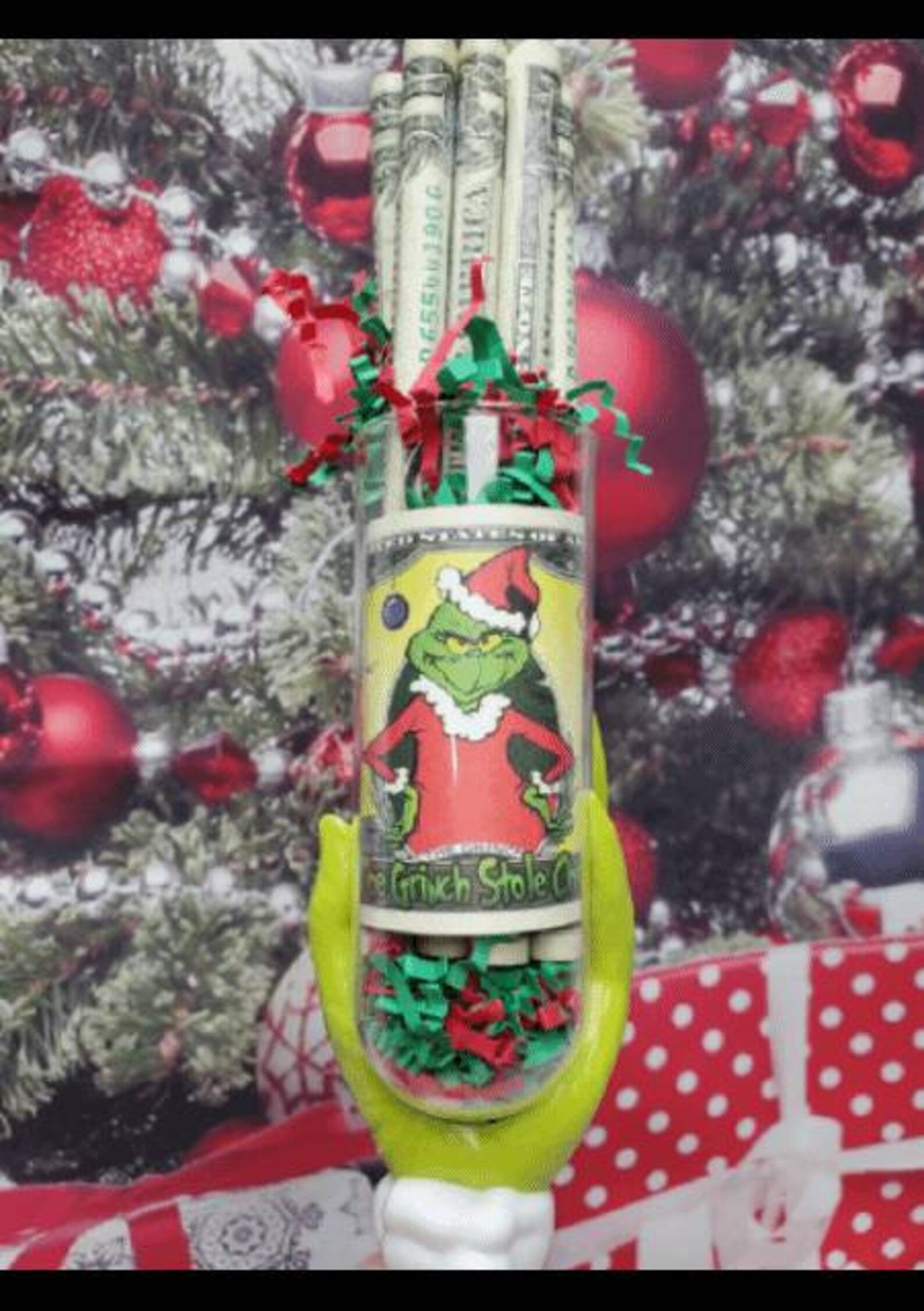 Merry Grinchmas Grinch hand holding real spendable cash gift | Etsy