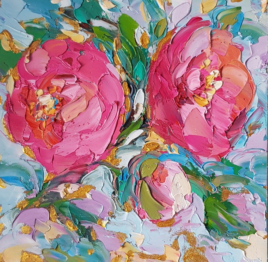 Bright Pink Peonies: 6x6" Original Impasto Oil Painting Abstract Floral ...