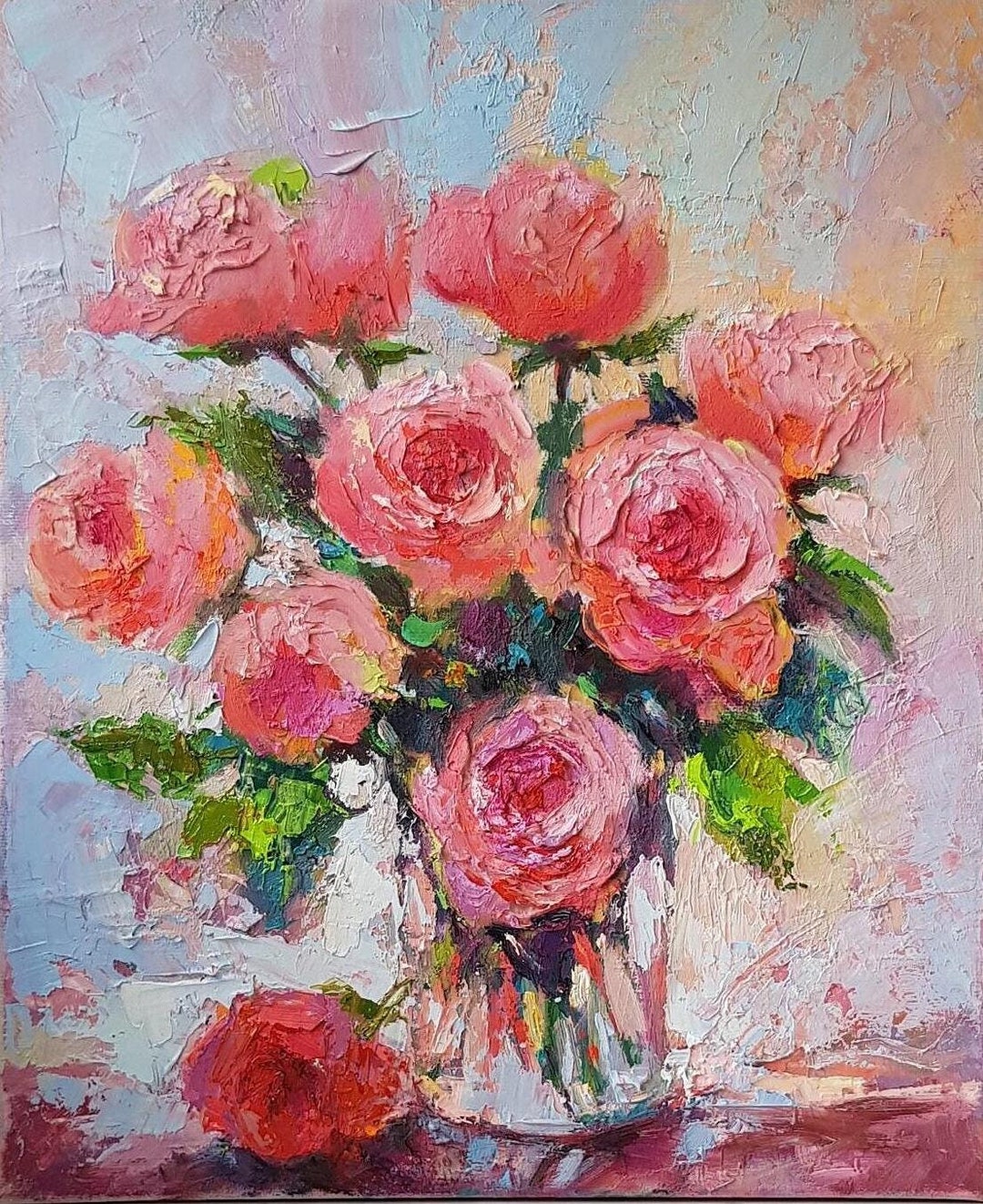 Rosas cor-de-rosa Original Impasto Pintura a óleo Tela Buquê de flores ...