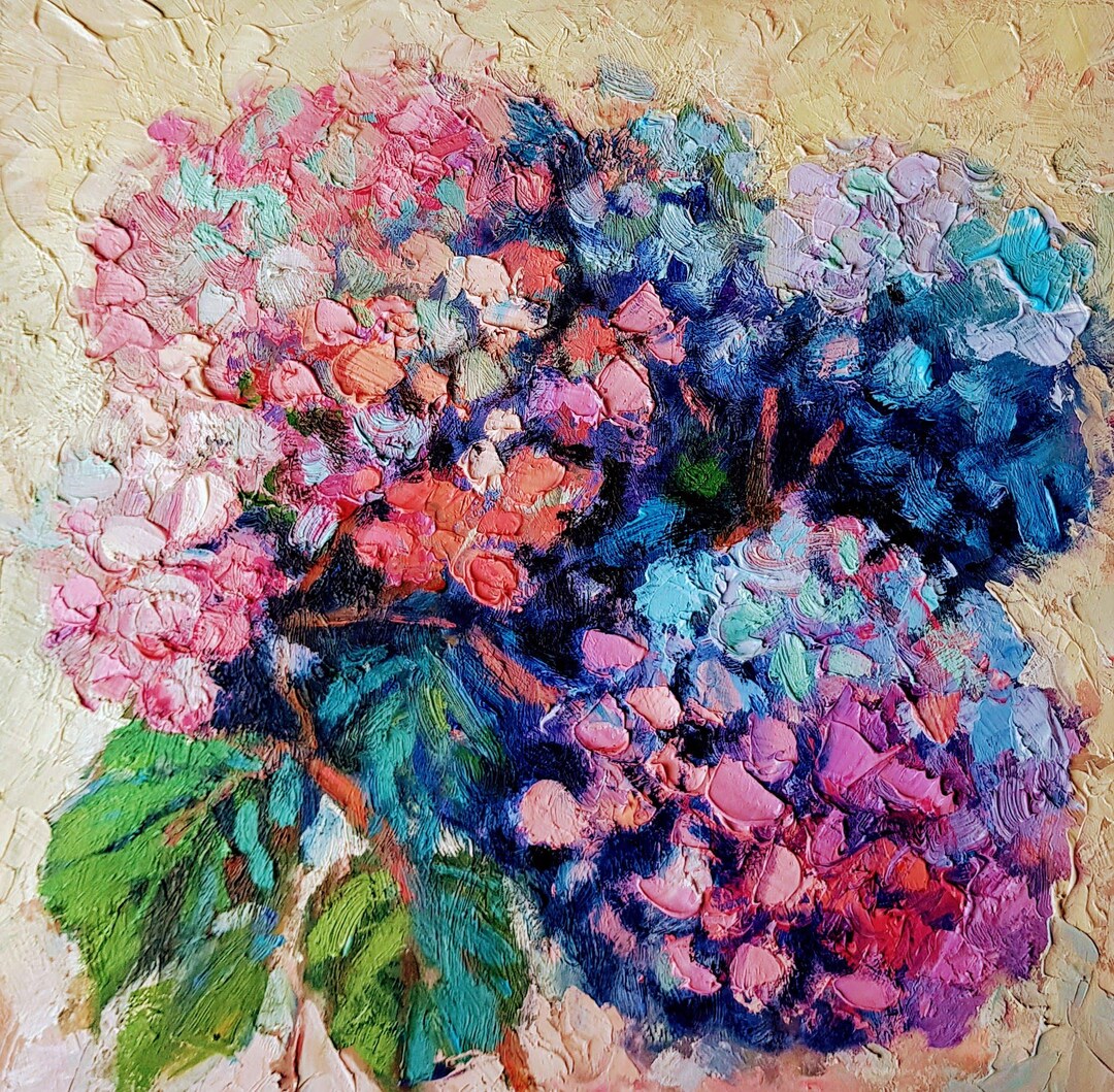 Pink Hydrangea Painting, Wall Art Original Impasto Flower Oil Artwork ...