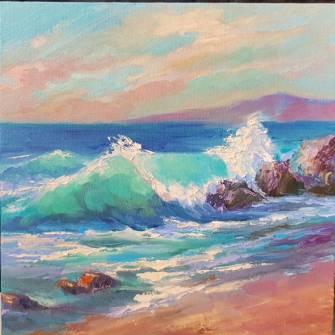 Breaking Wave: 8"x8" Impasto Oil Painting Summer Coastal Landscape ...