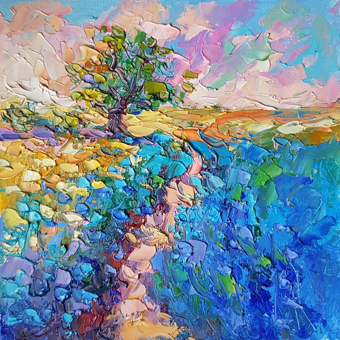 Texas Bluebonnet Landscape: 8x8 Oil Painting, Impasto, Oak Tree Art ...