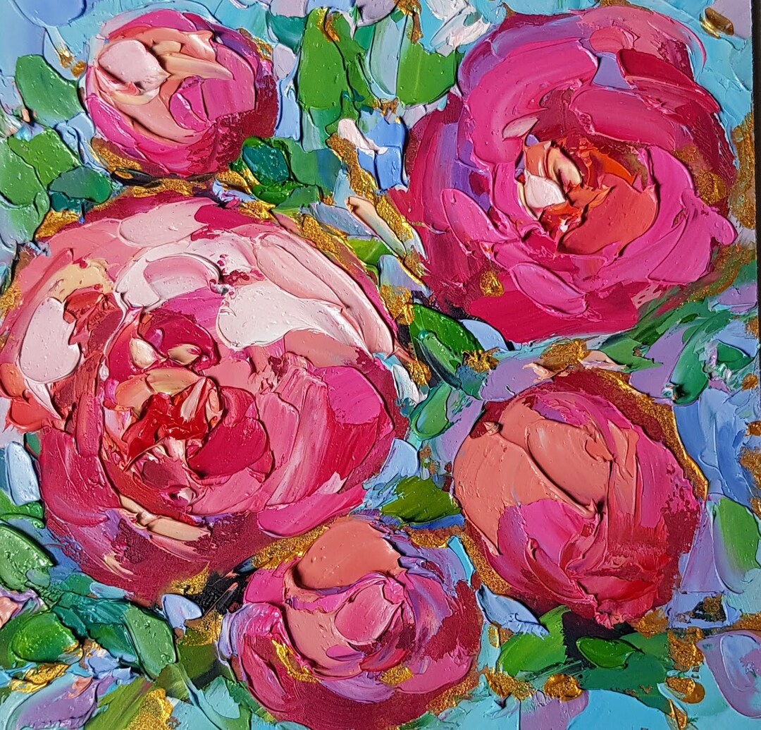 Bright Spring Pink Peonies: 6x6" Original Impasto Oil Painting Abstract ...