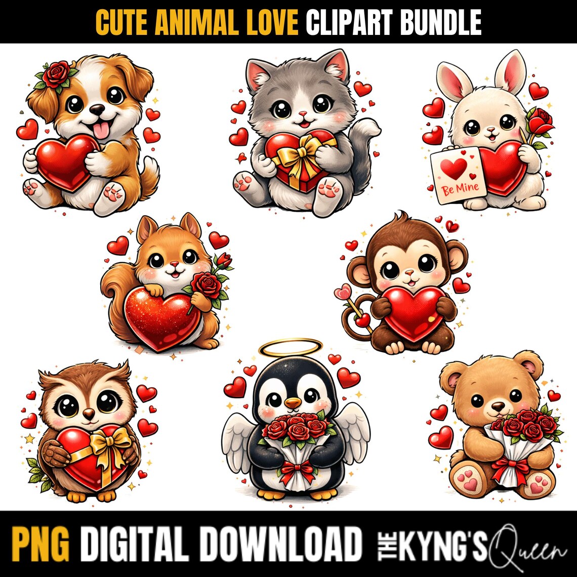 Valentine Animals Clipart Bundle (8 PNG) | Cute Kawaii Love Animals ...
