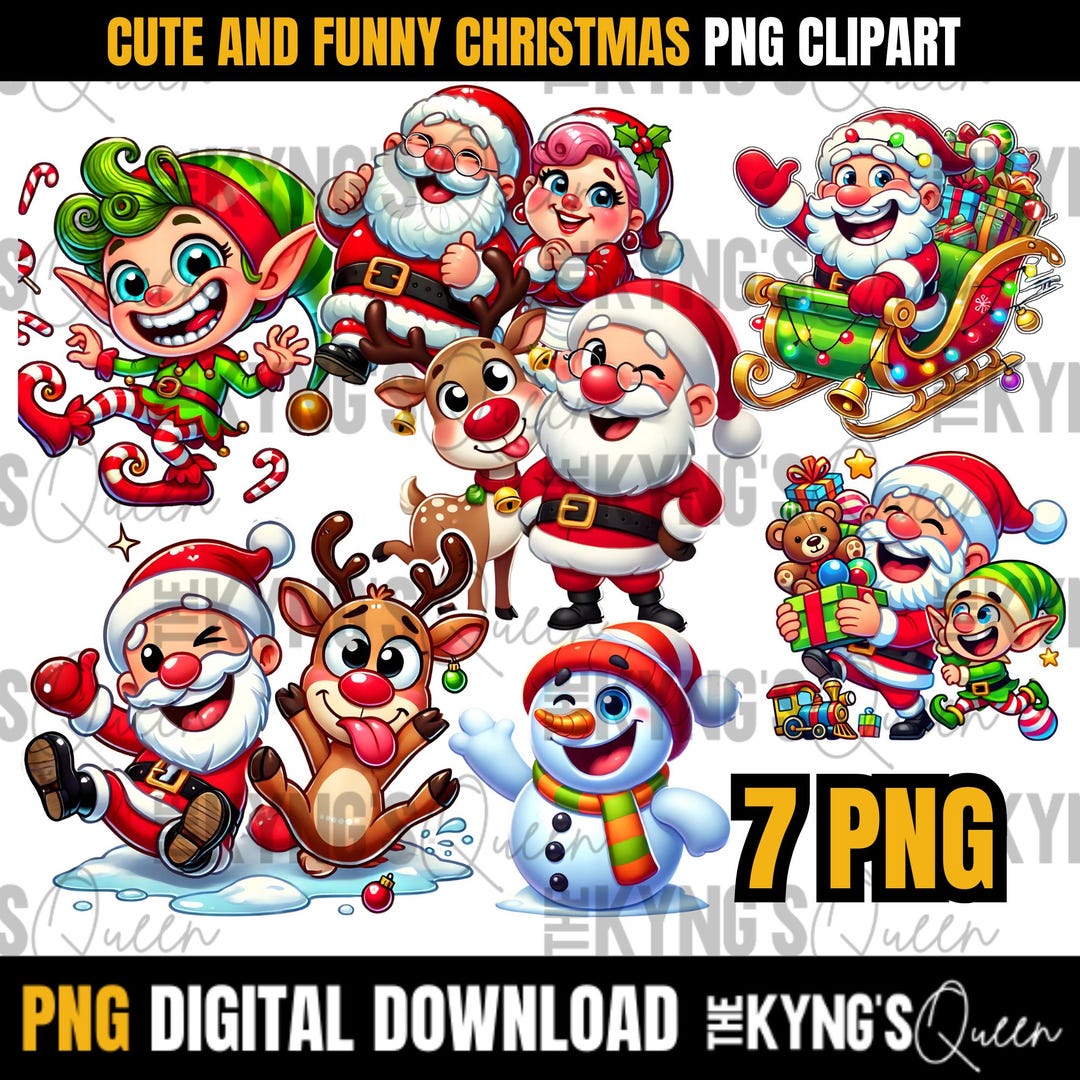 Cute and Funny Christmas Clipart PNG Bundle, 7 Funny Christmas Cliparts ...