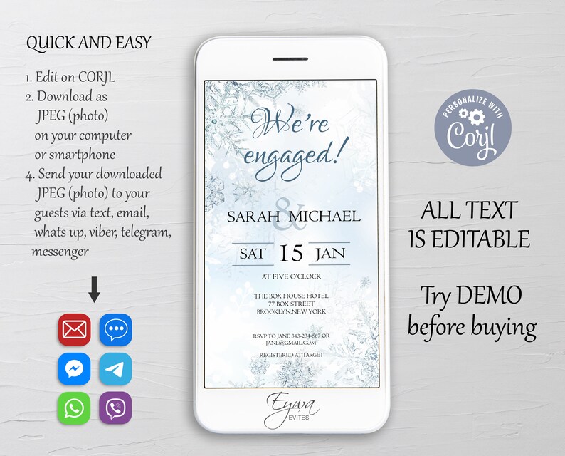 Winter Snowflakes Engagement Evite Template Electronic - Etsy
