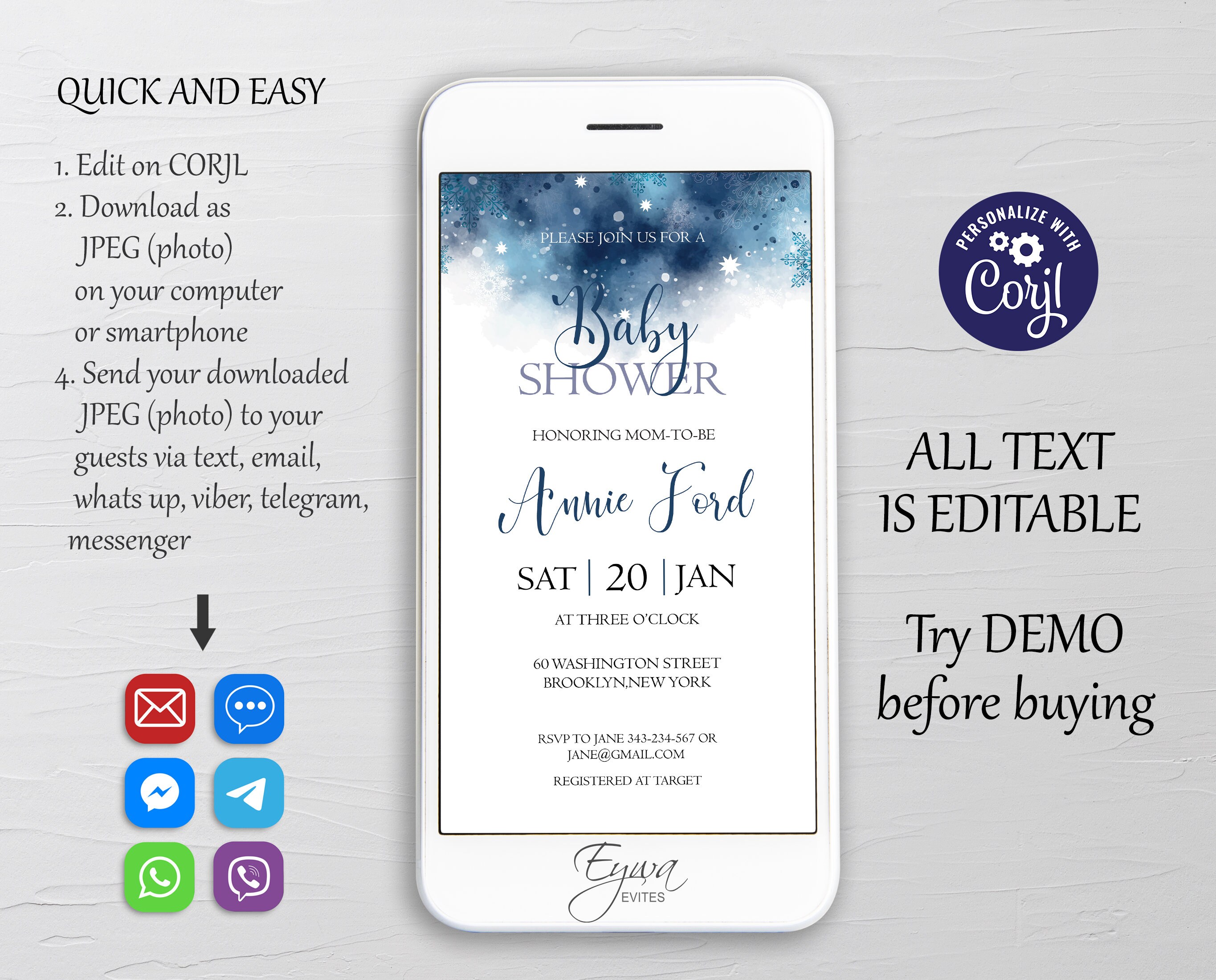 Winter Blue Watercolor Baby Shower Evite Snowflakes Baby - Etsy