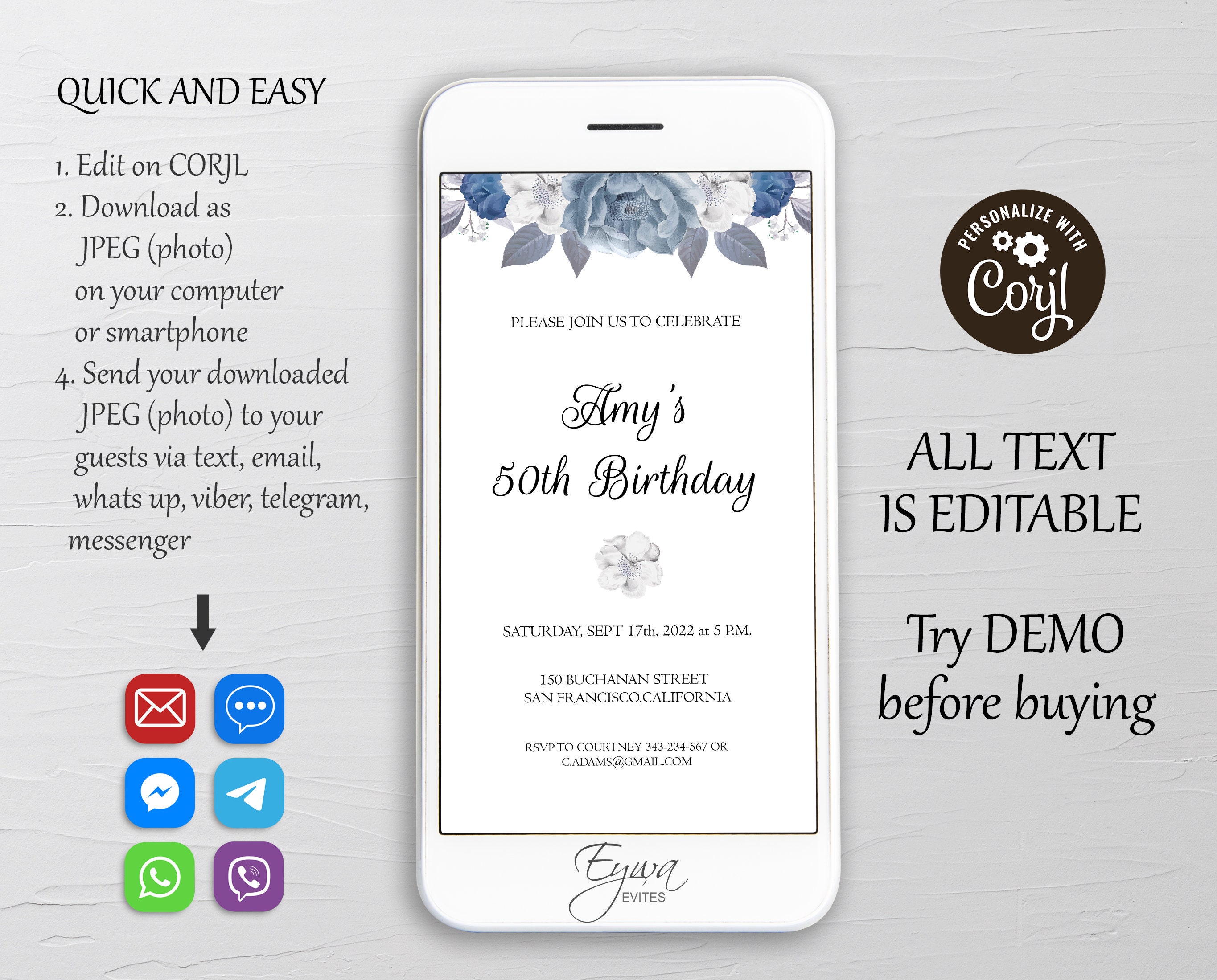 Paper & Party Supplies Templates Silver and Blue Rose Birthday Evite ...