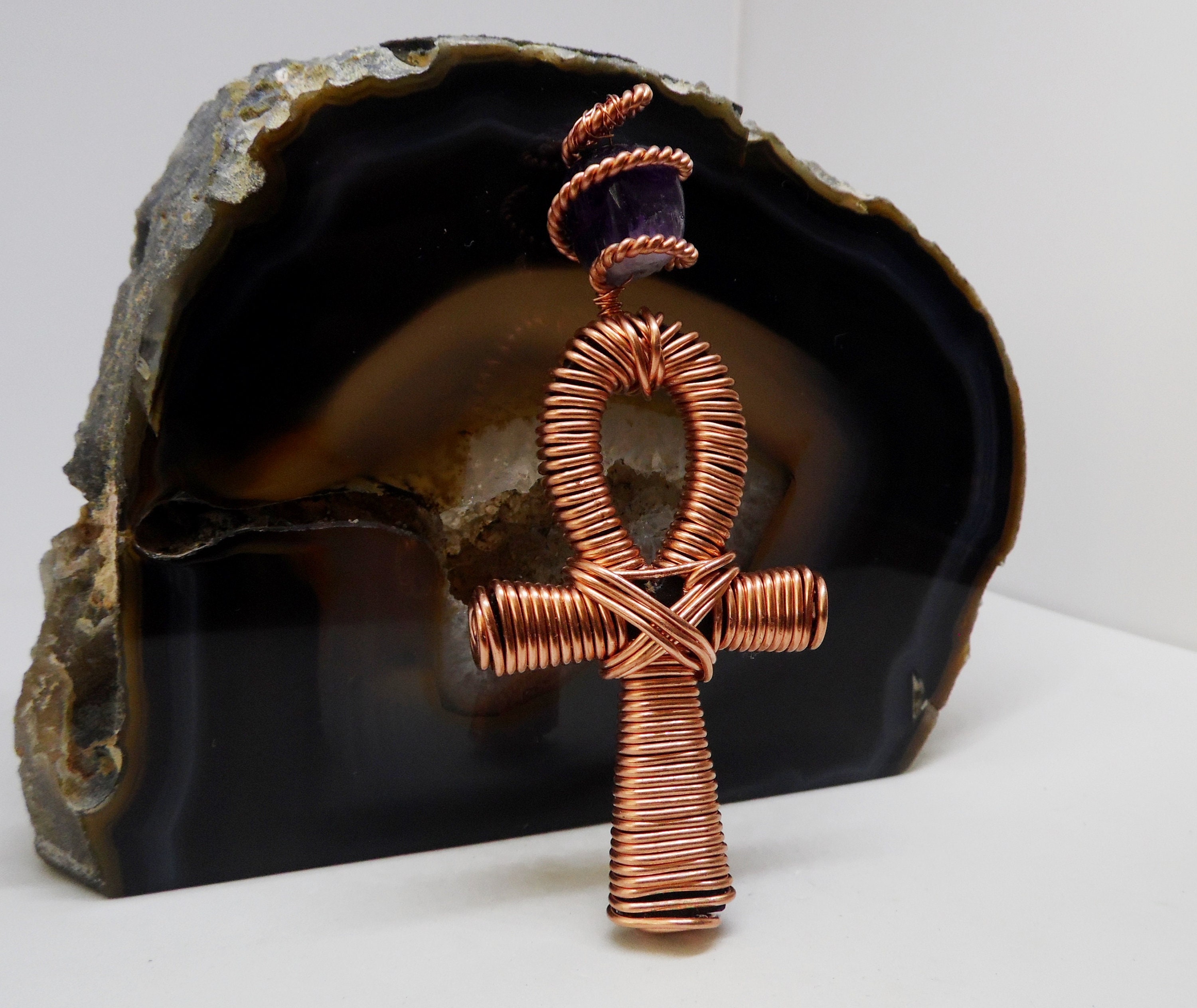 Copper coiled Ankh Amethyst Bead Pendant | Etsy
