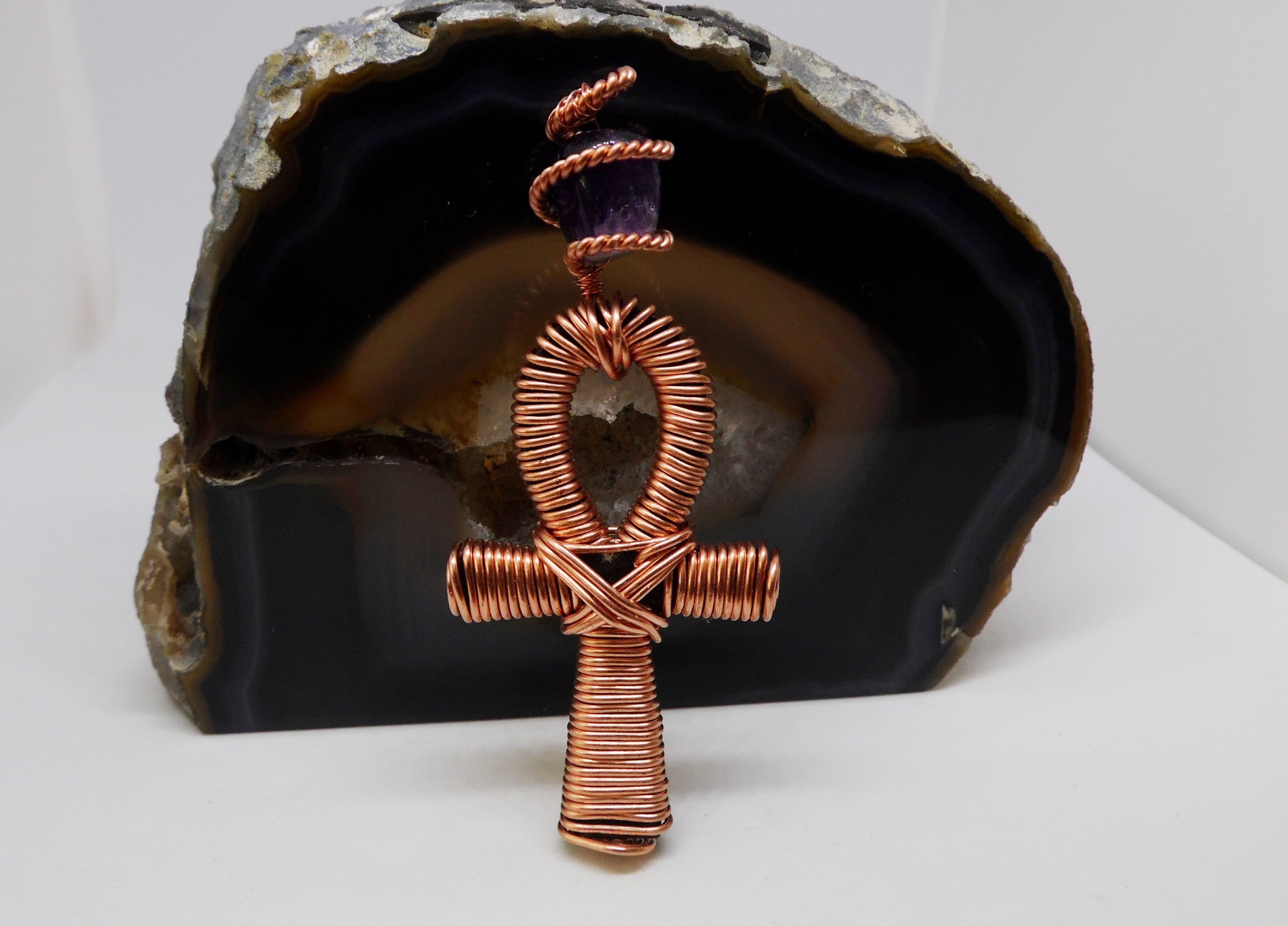 Copper coiled Ankh Amethyst Bead Pendant | Etsy