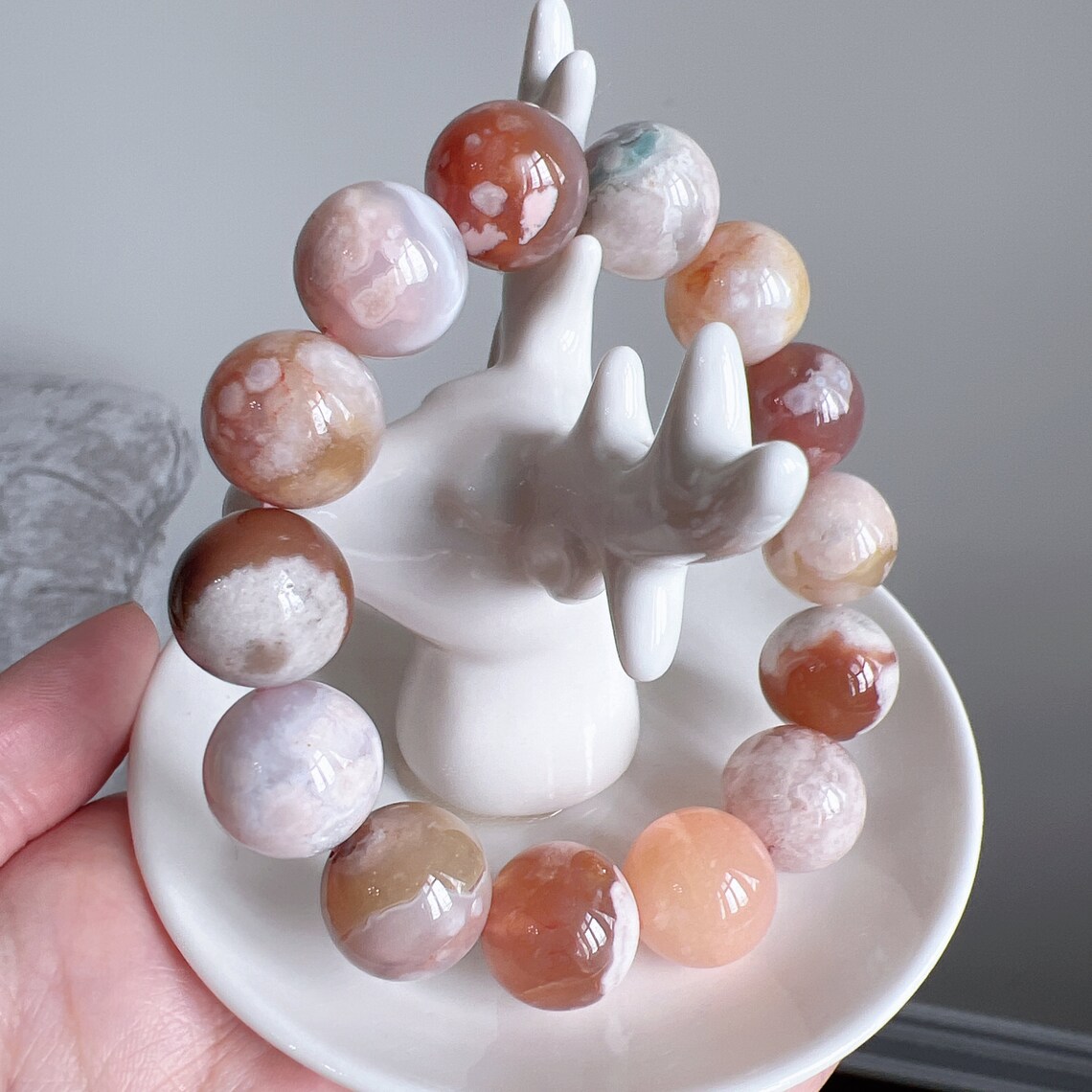 AAAA Top Grade 14mm Natural Cherry Blossom Agate Beaded Bracelet; Rare ...