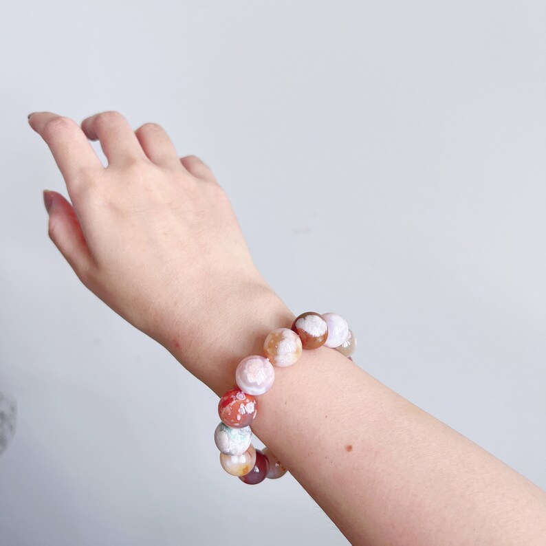 AAAA Top Grade 14mm Natural Cherry Blossom Agate Beaded Bracelet; Rare ...
