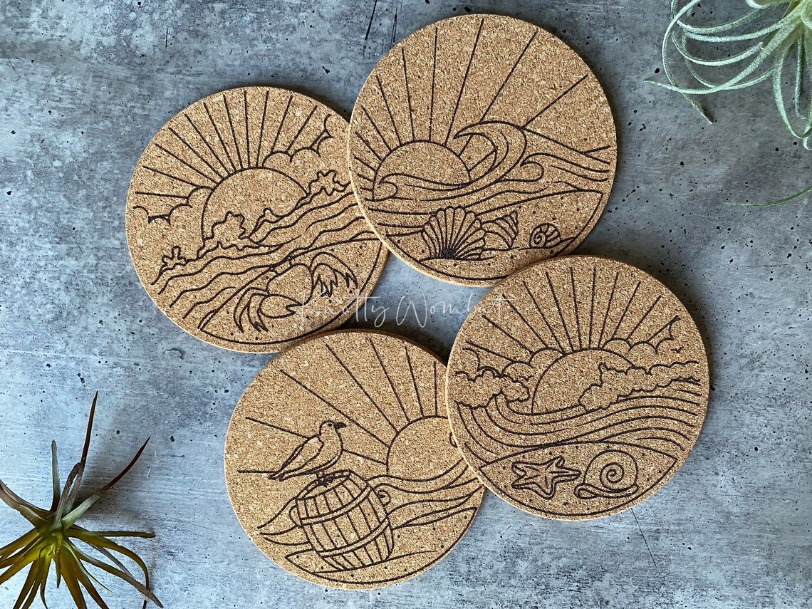 Beach Themed Cork Coasters Set Absorbent Coaster Set - Etsy