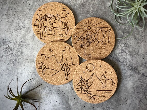 Desert Themed Engraved Cork Coaster Set Absorbent Modern | Etsy
