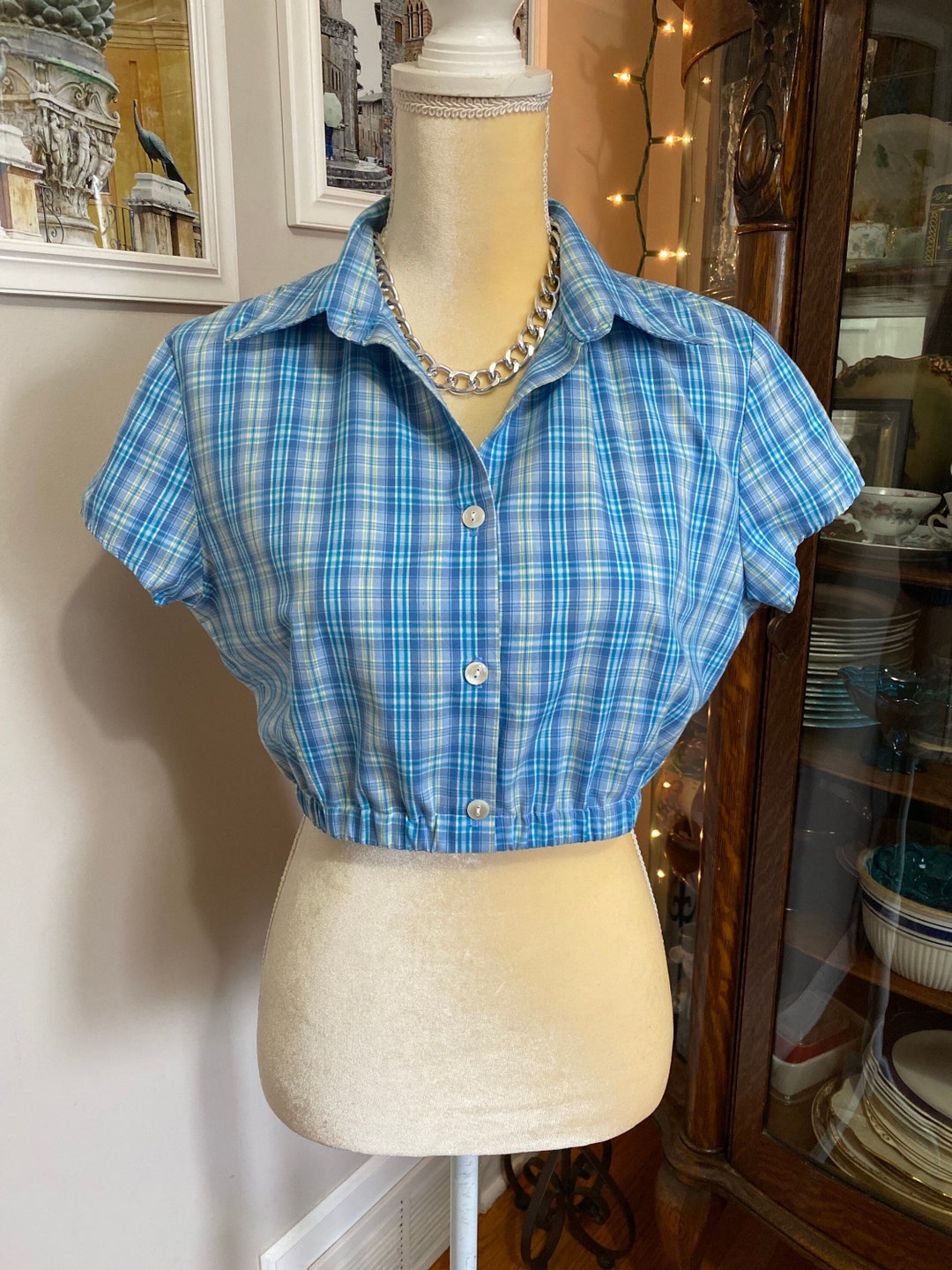 Reworked 70s Crop Top, Women's Vintage, Blue Plaid, Button up Pullover ...