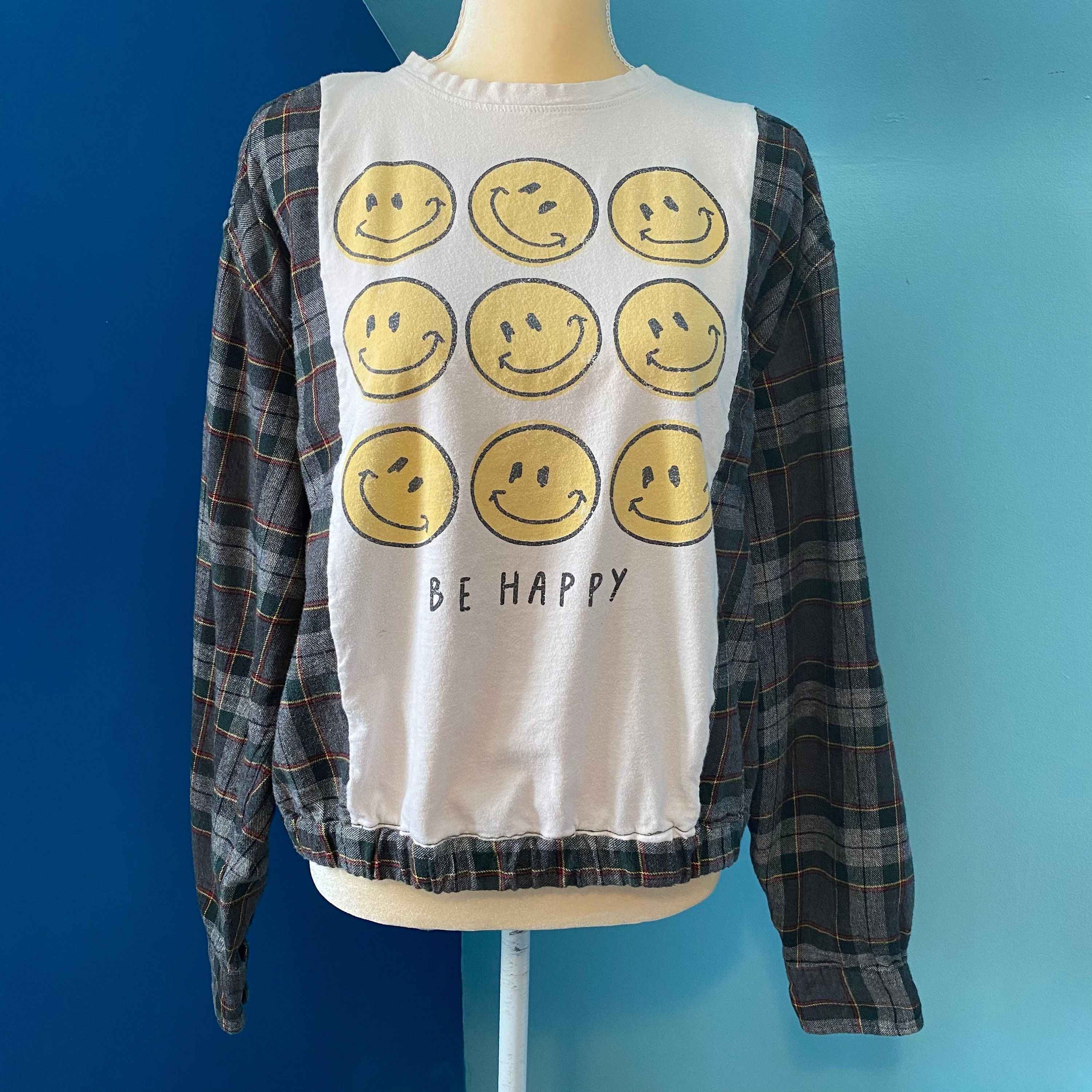Flannel X Tee, Upcycled and Reworked, Be Happy, Smiley Face, Sweatshirt ...