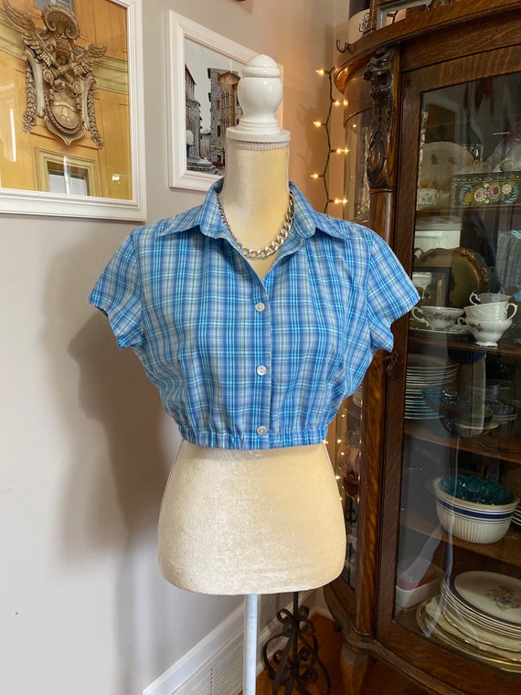 Reworked 70s Crop Top, Women's Vintage, Blue Plaid, B… - Gem
