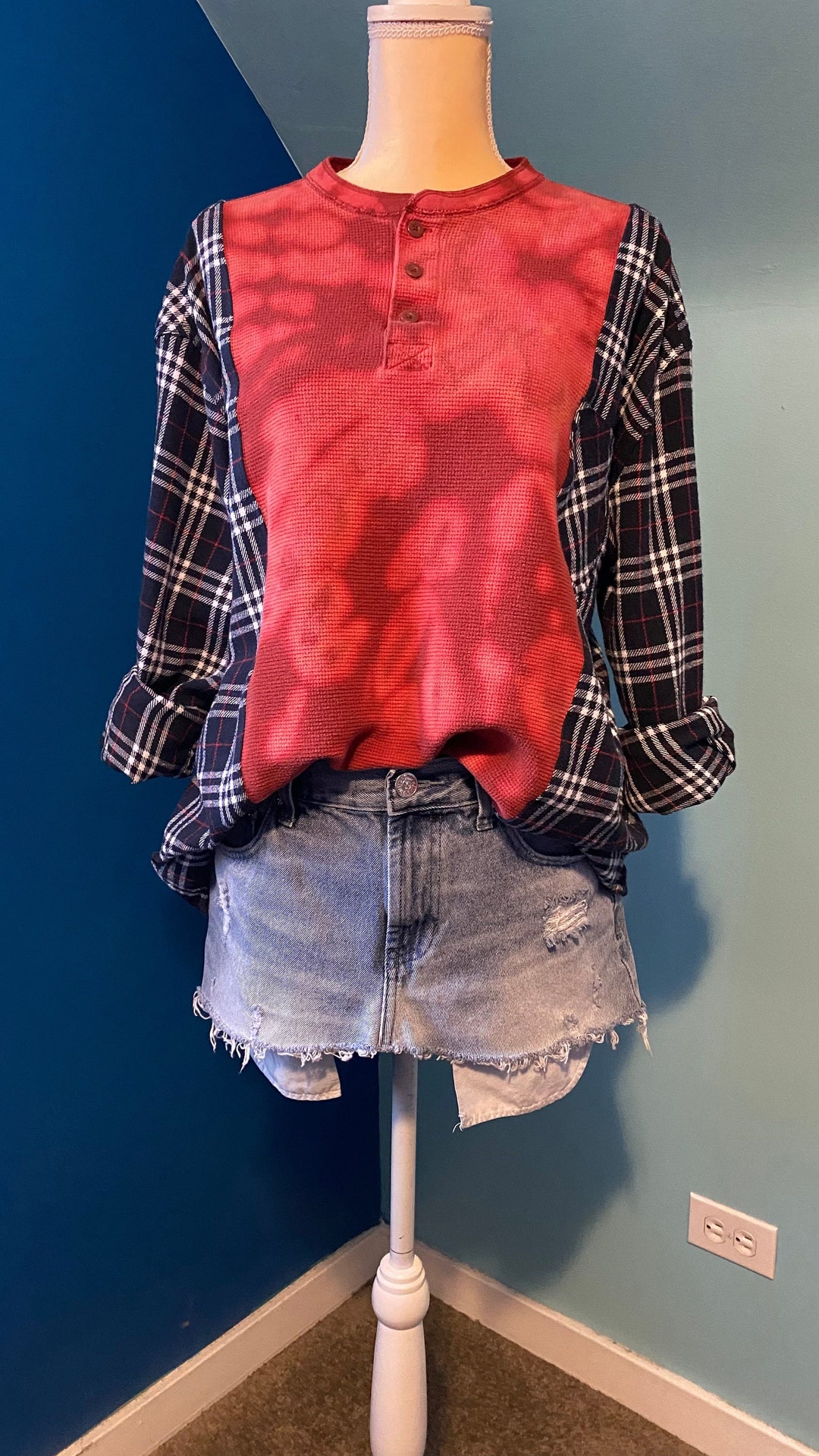 Flanneltee, Waffle Shirt, Reworked, Upcycled Shirts, Orange Bleach Dye ...